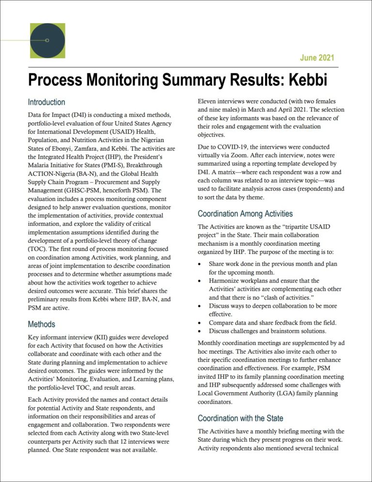 2021 Process Monitoring Summary Results: Kebbi - DataForImpactProject