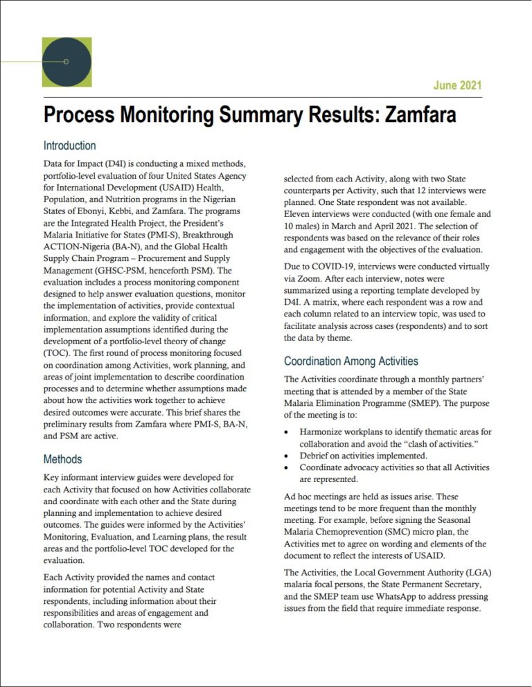 2021 Process Monitoring Summary Results: Zamfara - DataForImpactProject