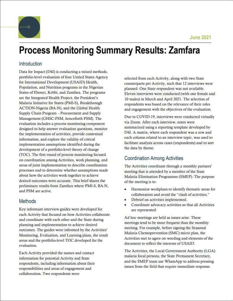 2021 Process Monitoring Summary Results: Zamfara - DataForImpactProject