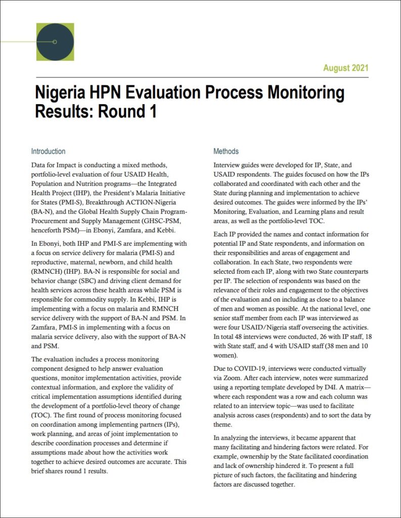 2021 Nigeria HPN Evaluation Process Monitoring Results: Round 1 - DataForImpactProject
