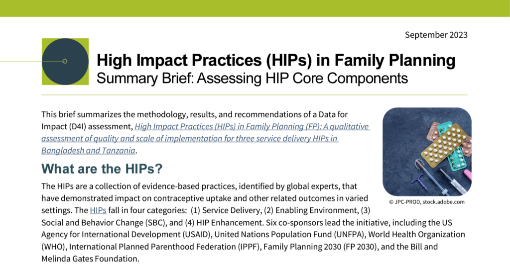 High Impact Practices (HIPs) in Family Planning Summary Brief: Assessing HIP Core Components ...